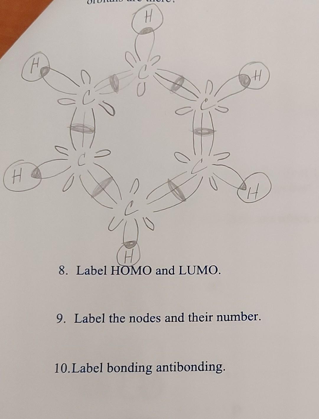 Solved 8. Label HOMO and LUMO. 9. Label the nodes and their | Chegg.com