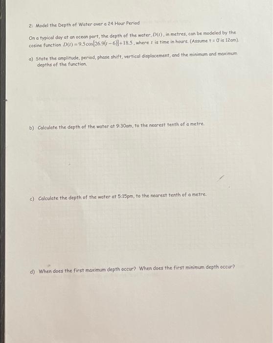 Solved 2: Model the Depth of Water over a 24 Hour Period On | Chegg.com