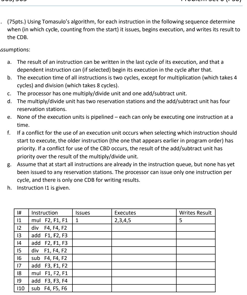 Solved (75pts.) ﻿Using Tomasulo's algorithm, for each | Chegg.com