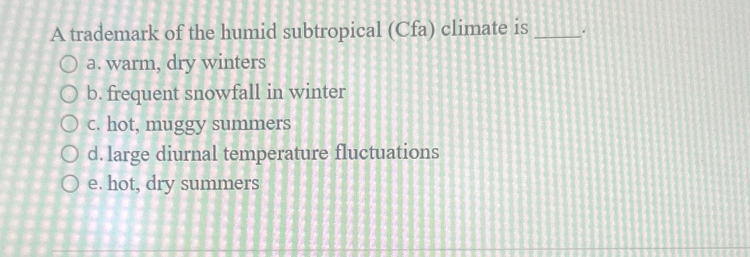 Solved A trademark of the humid subtropical (Cfa) ﻿climate | Chegg.com