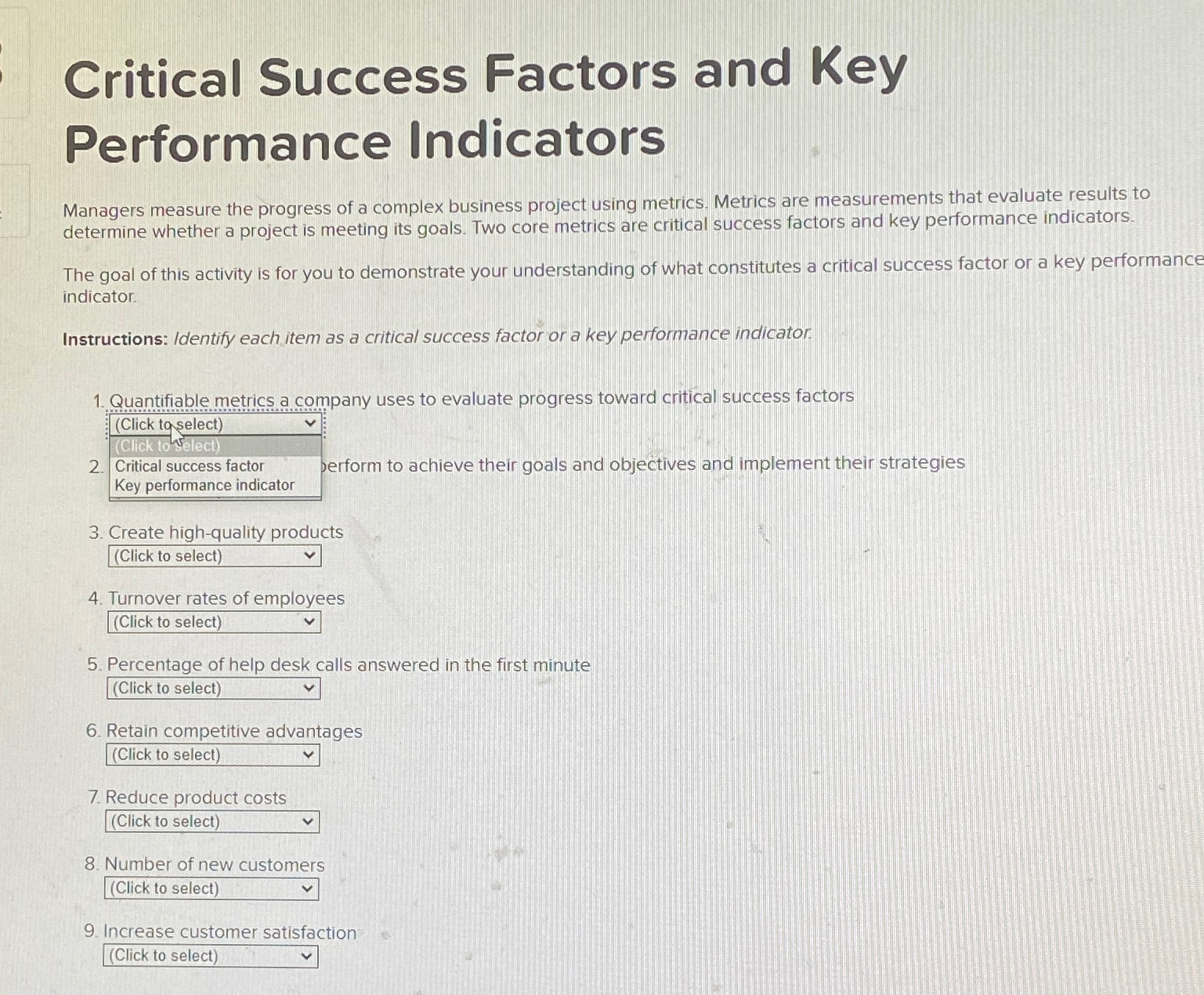 Solved Critical Success Factors and Key Performance | Chegg.com
