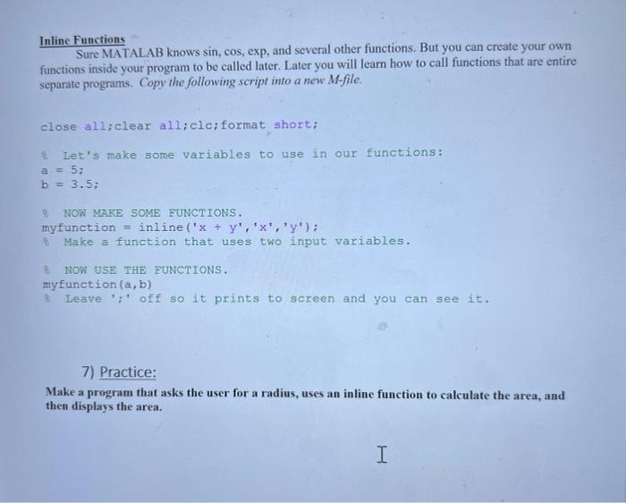 Solved Inline Functions Sure MATALAB knows sin, cos, exp, | Chegg.com