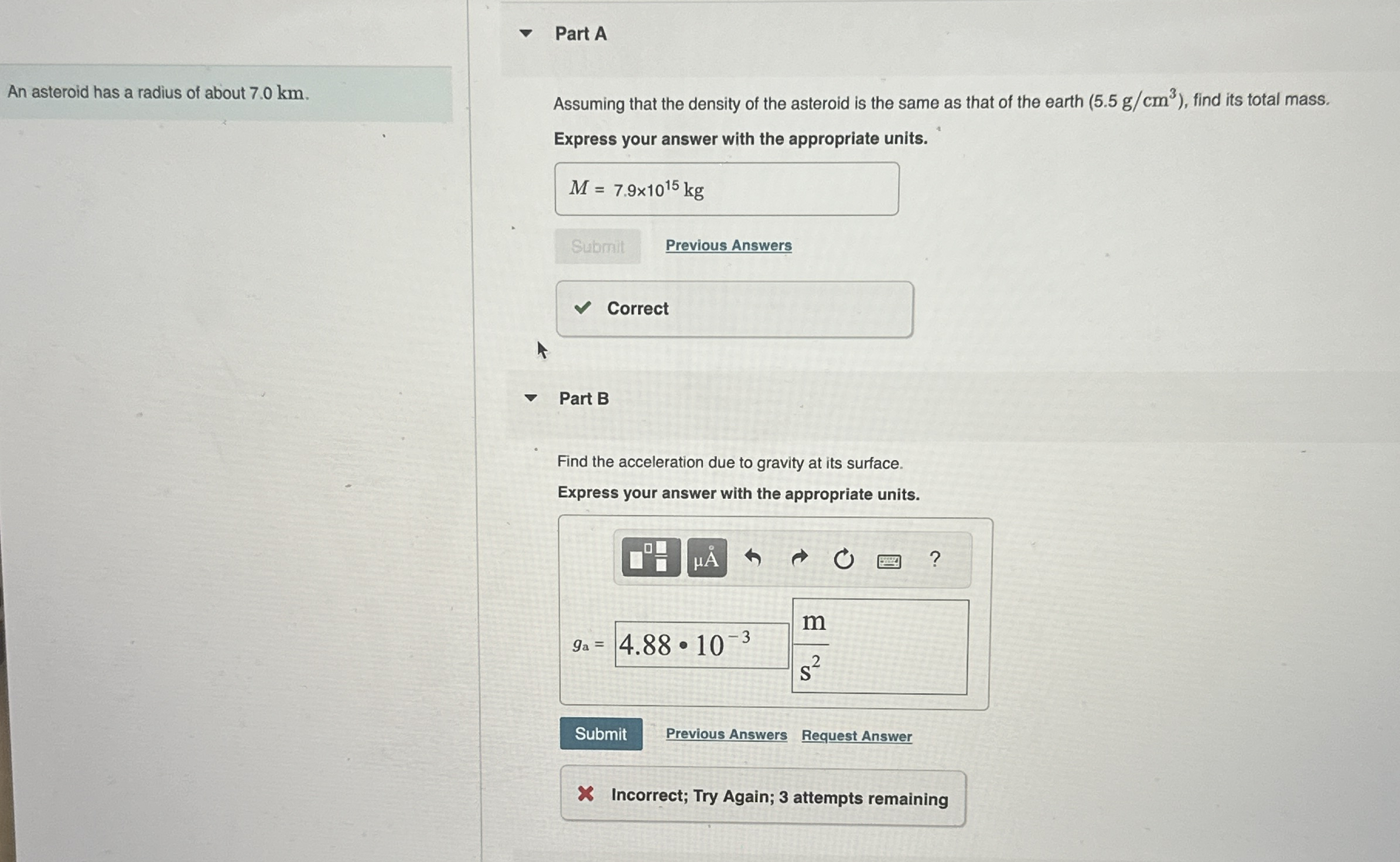 Solved Part BFind the acceleration due to gravity at its | Chegg.com