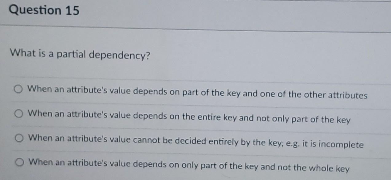 Solved Question 15 What is a partial dependency? When an | Chegg.com