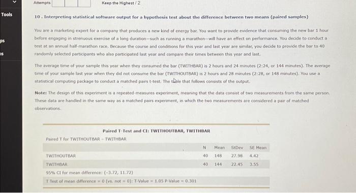 Solved 10. Interpreting statistical software output for a | Chegg.com