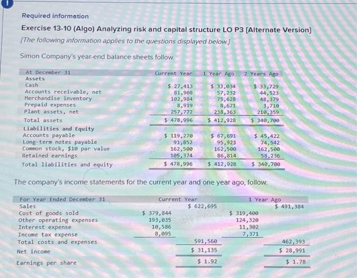 Solved Required information Exercise 13-10 (Algo) Analyzing | Chegg.com