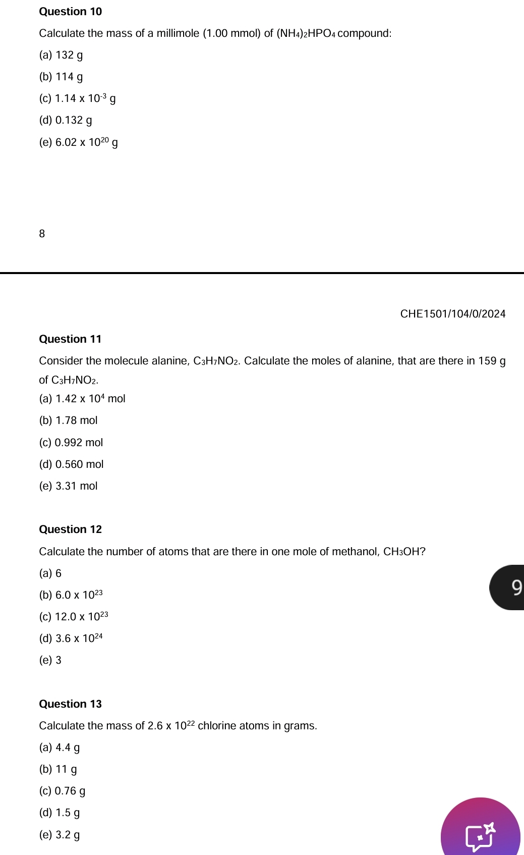 Solved Question 10Calculate the mass of a millimole | Chegg.com