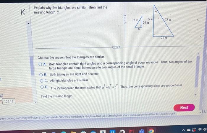 Solved Explain why the triangles are similar. Then find the | Chegg.com