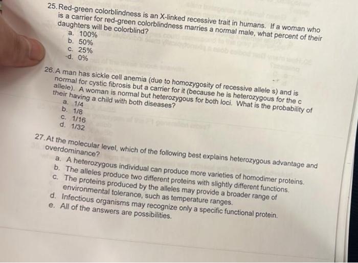 Solved 25. Red-green colorblindness is an X-linked recessive | Chegg.com