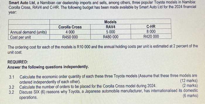 Solved Smart Auto Ltd, a Namibian car dealership imports and | Chegg.com