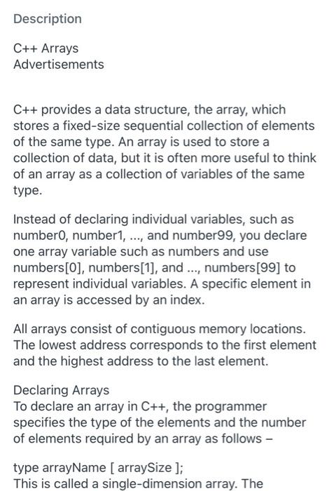 Solved Description C++ Arrays Advertisements C++ provides a | Chegg.com