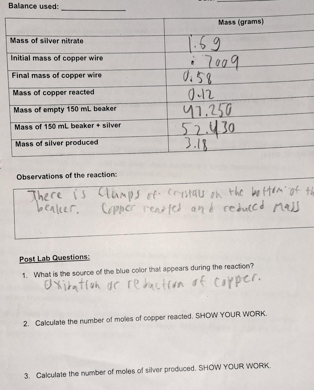 Solved Experiment: Mole Ratios: Copper and Silver Nitrate | Chegg.com