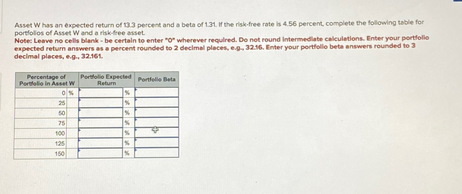 Solved Asset W ﻿has an expected return of 13.3 ﻿percent and | Chegg.com