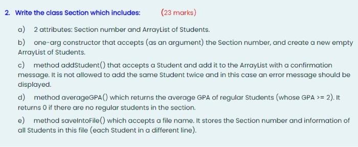 Solved 2. Write the class Section which includes: (23 marks) | Chegg.com