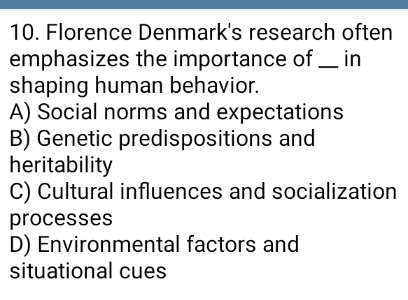 Solved Florence Denmark's research often emphasizes the | Chegg.com