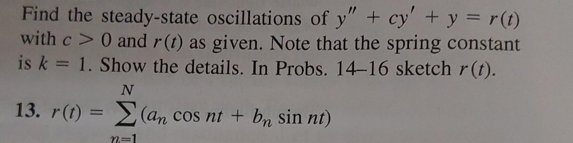 Solved Find the steady-state oscillations of y′′+cy′+y=r(t) | Chegg.com