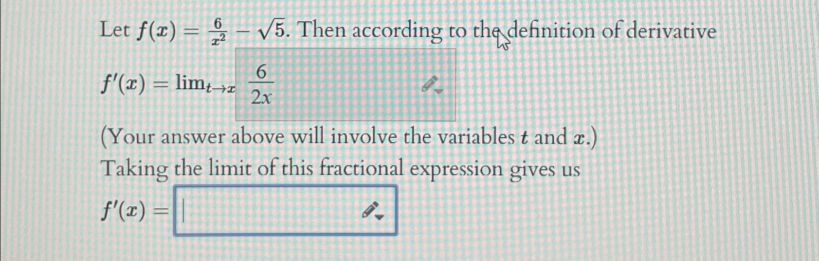 Solved Let f(x)=6x2-52. ﻿Then according to the definition of | Chegg.com