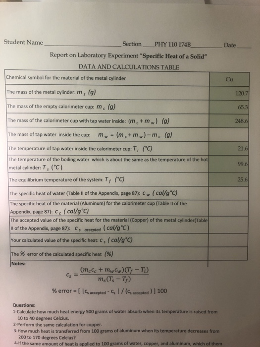 Solved Student Name Date _Section_ PHY 110 174B_ Report on | Chegg.com