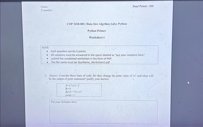 Solved Cop 3410 001 Data Stre Alerthm Anlys Python Python