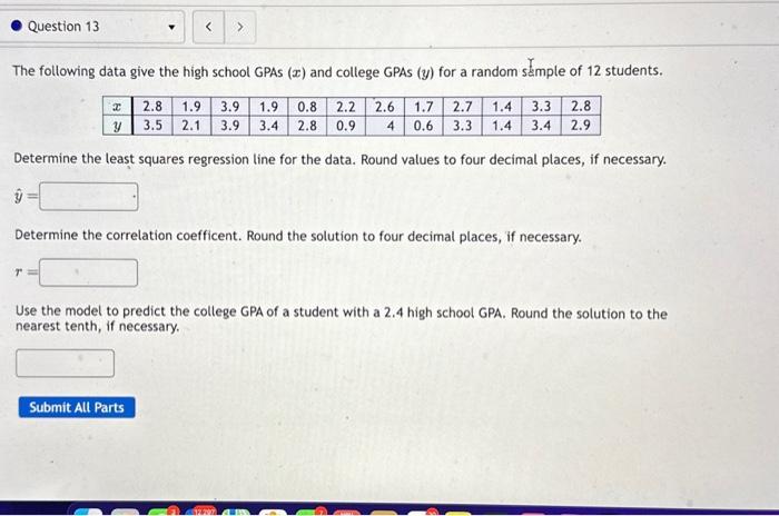 Solved The following data give the high school GPAs (x) and | Chegg.com