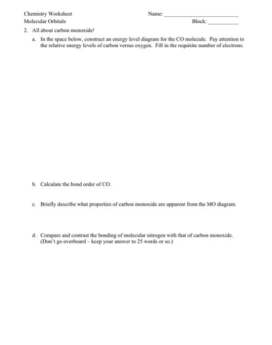 Solved Chemistry Worksheet Name: Molecular Orbitals Block: | Chegg.com