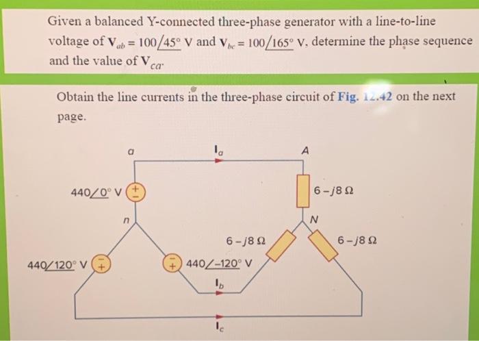 Solved Given a balanced Y-connected three-phase generator | Chegg.com