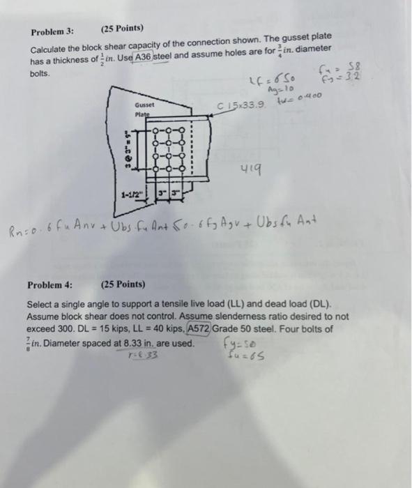 Solved Problem 3: (25 Points) Calculate the block shear | Chegg.com