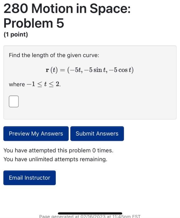 Solved 280 Motion in Space: Problem 5 (1 point) Find the | Chegg.com