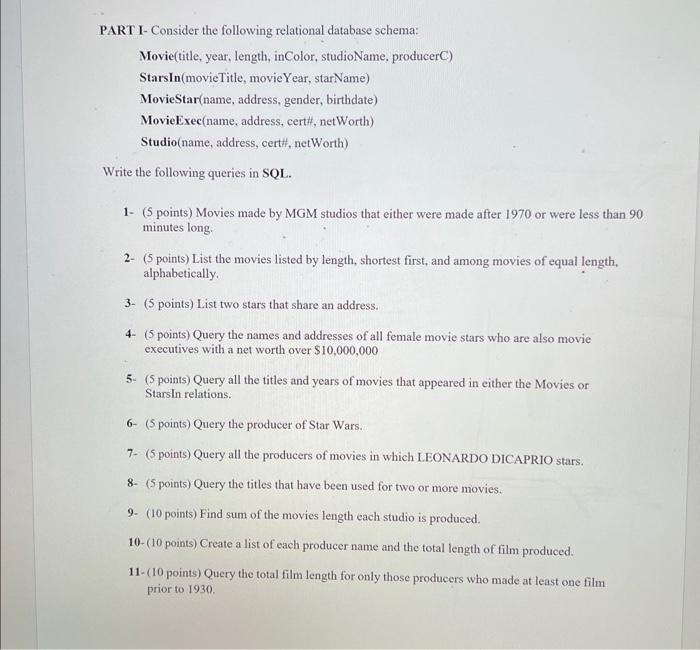 Solved PART I- Consider the following relational database | Chegg.com