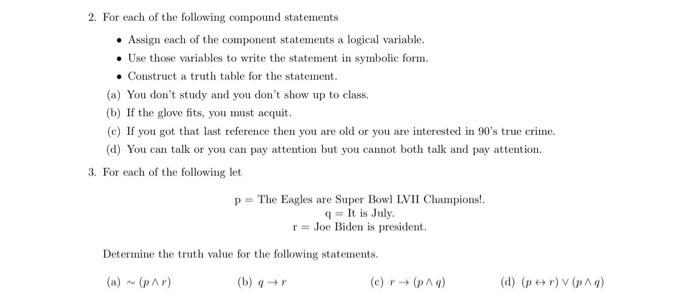 Solved 2. For each of the following compound statements - | Chegg.com