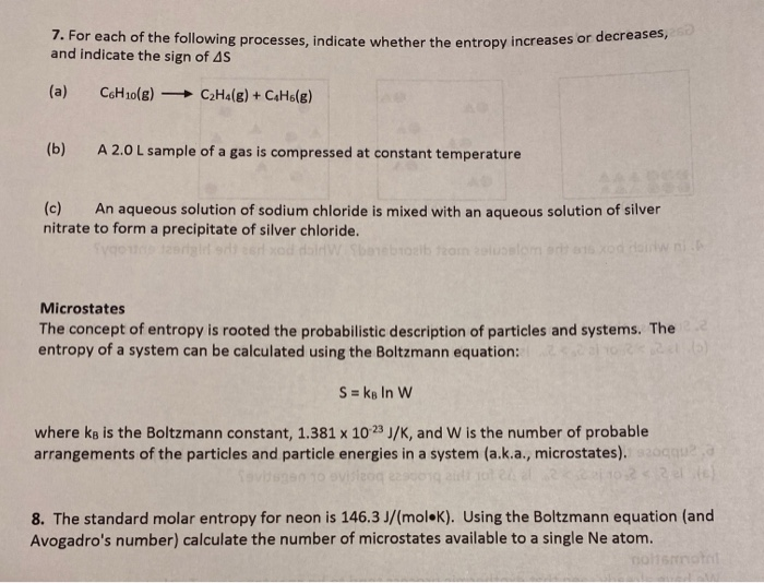 Solved 7. For each of the following processes, indicate | Chegg.com