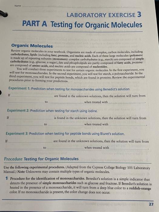 Solved Name LABORATORY EXERCISE 3 PART A Testing for Organic | Chegg.com