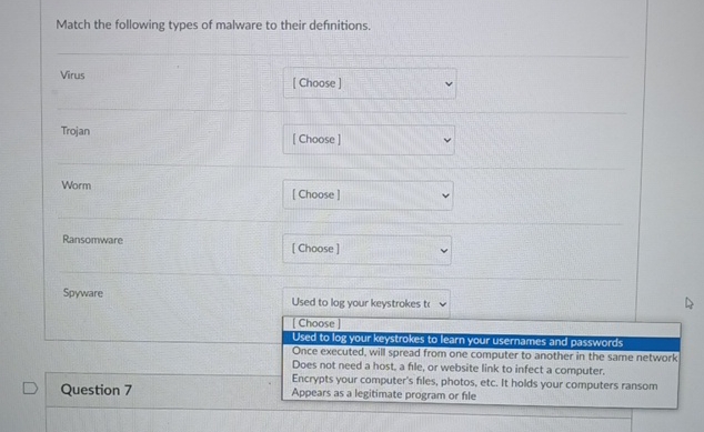Solved Match the following types of malware to their | Chegg.com