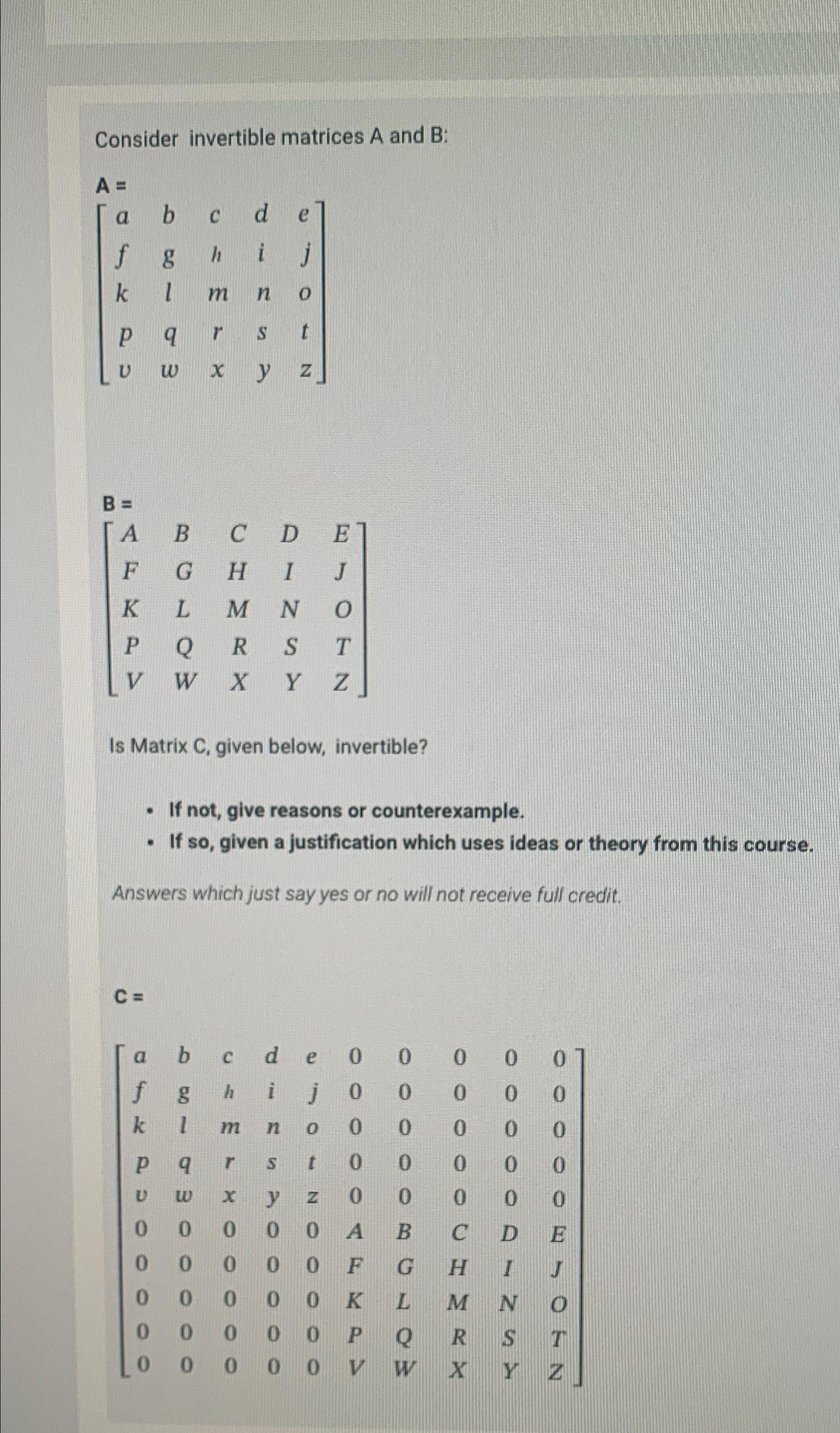 Solved Consider invertible matrices A and B | Chegg.com