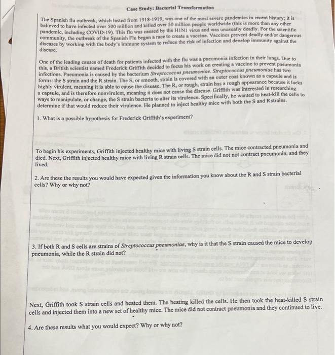 Solved Case Study: Bacterial Transformation The Spanish flu | Chegg.com