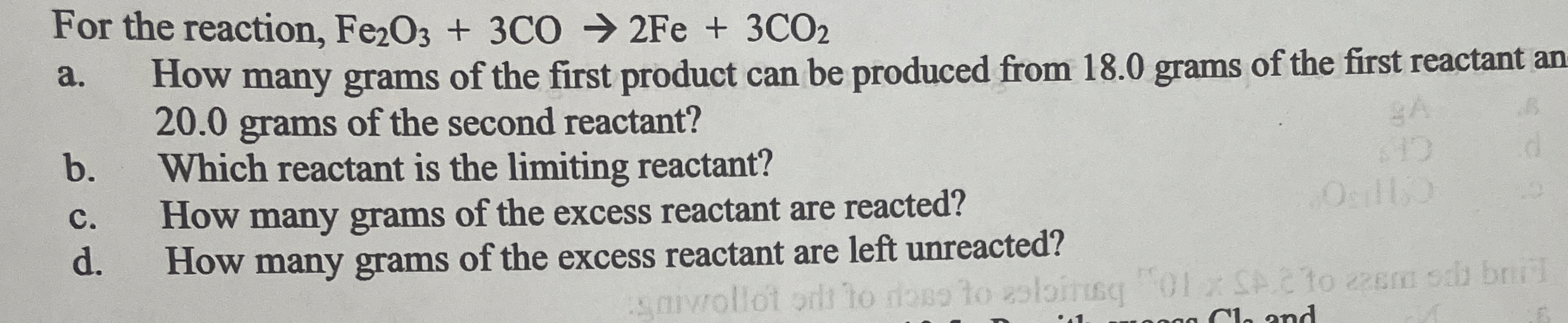 Solved For the reaction, Fe2O3+3CO→2Fe+3CO2a. ﻿How many | Chegg.com