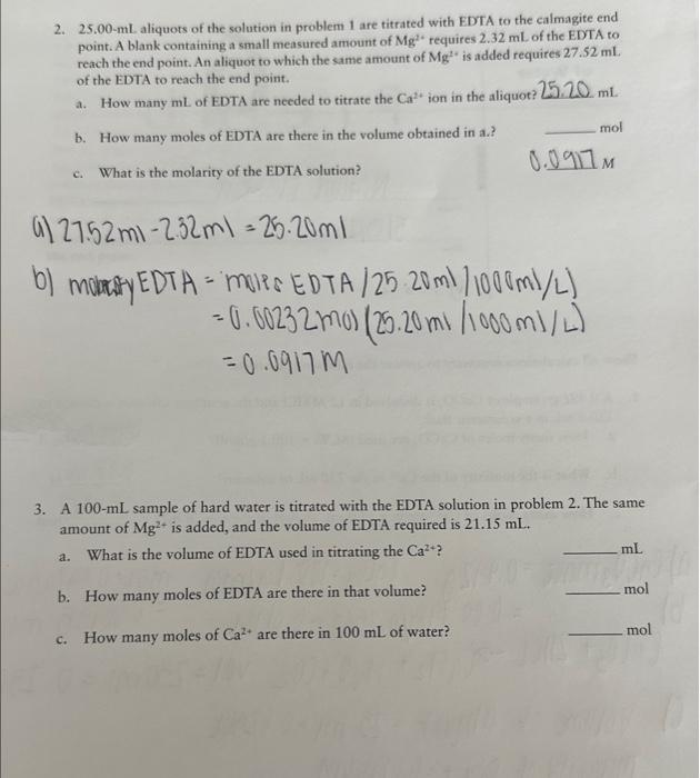 Solved 2. 25.00−mL aliquots of the solution in problem 1 are | Chegg.com