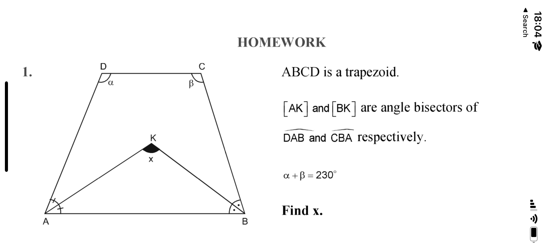 Solved HOMEWORKABCD is a trapezoid.AK ﻿and BK ﻿are angle | Chegg.com