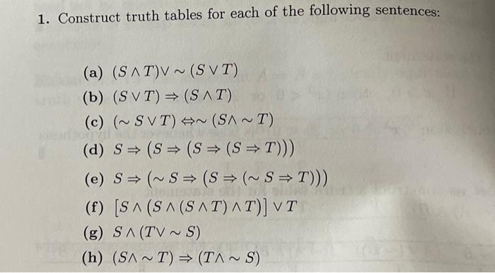 Solved 1. Construct truth tables for each of the following | Chegg.com