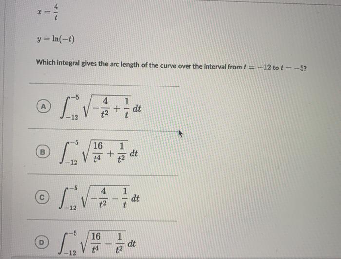 Solved 2 = EA y = ln(-+) Which integral gives the arc length | Chegg.com