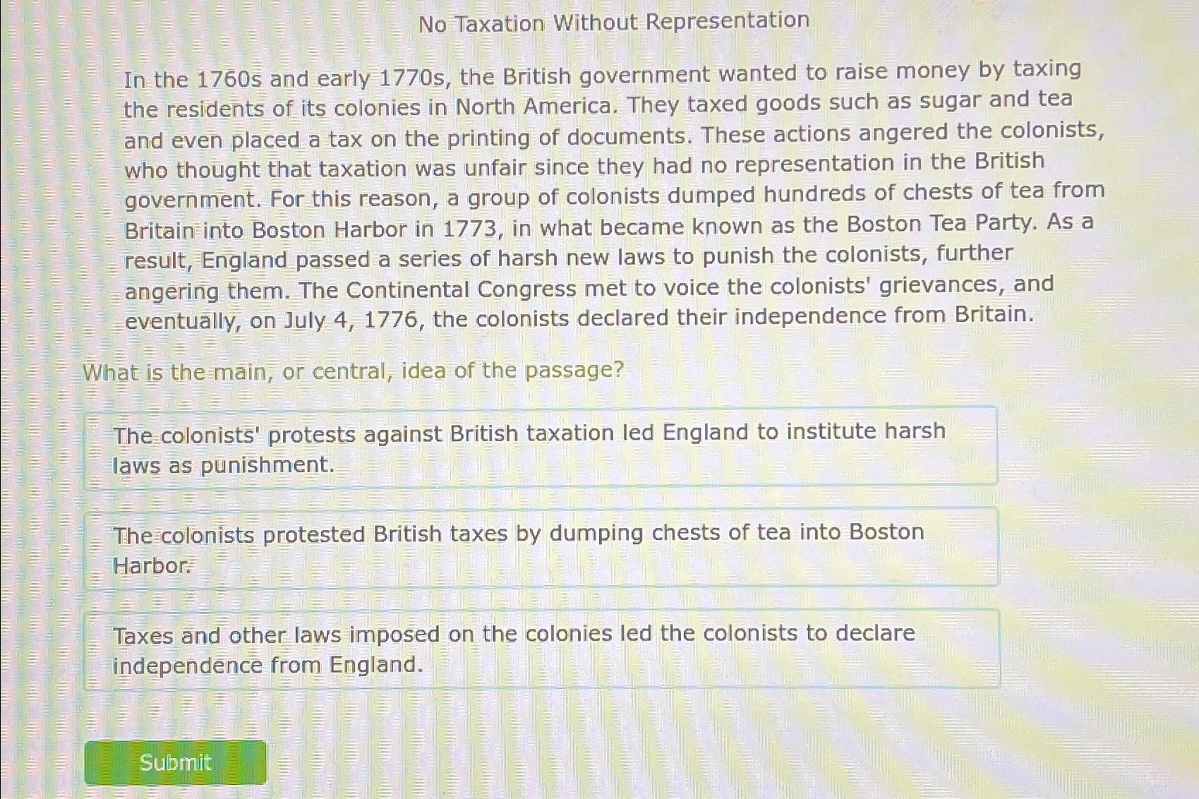 Solved No Taxation Without RepresentationIn the 1760 ﻿s and | Chegg.com