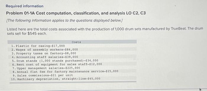 Solved Required information Problem 01-1A Cost computation, | Chegg.com