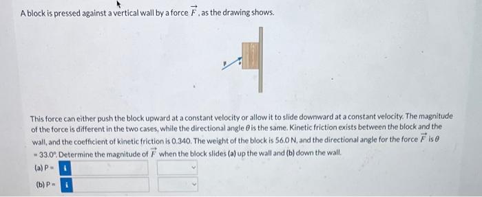 Solved A block is pressed against a vertical wall by a force | Chegg.com