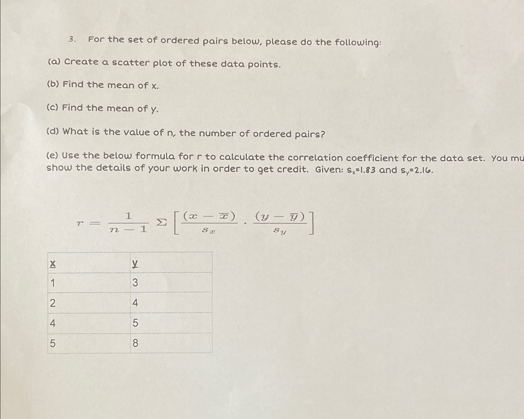 Solved For the set of ordered pairs below, please do the | Chegg.com