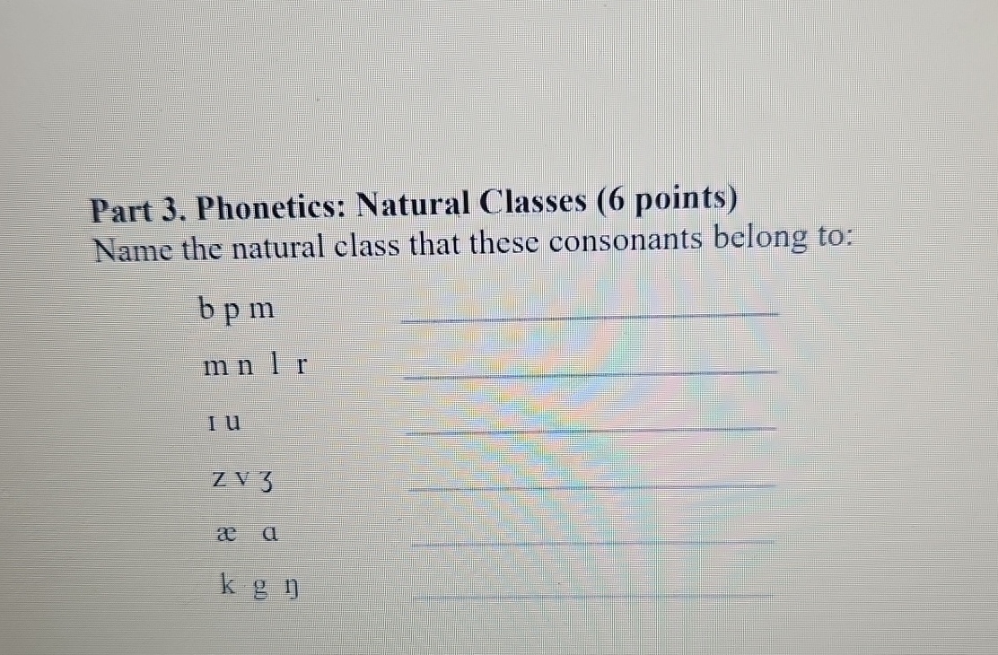 Solved Part 3. ﻿Phonetics: Natural Classes (6 ﻿points)Name | Chegg.com