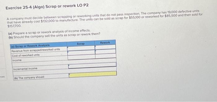 Solved Exercise 25-4 (Algo) Scrap or rework LO P2 A company | Chegg.com