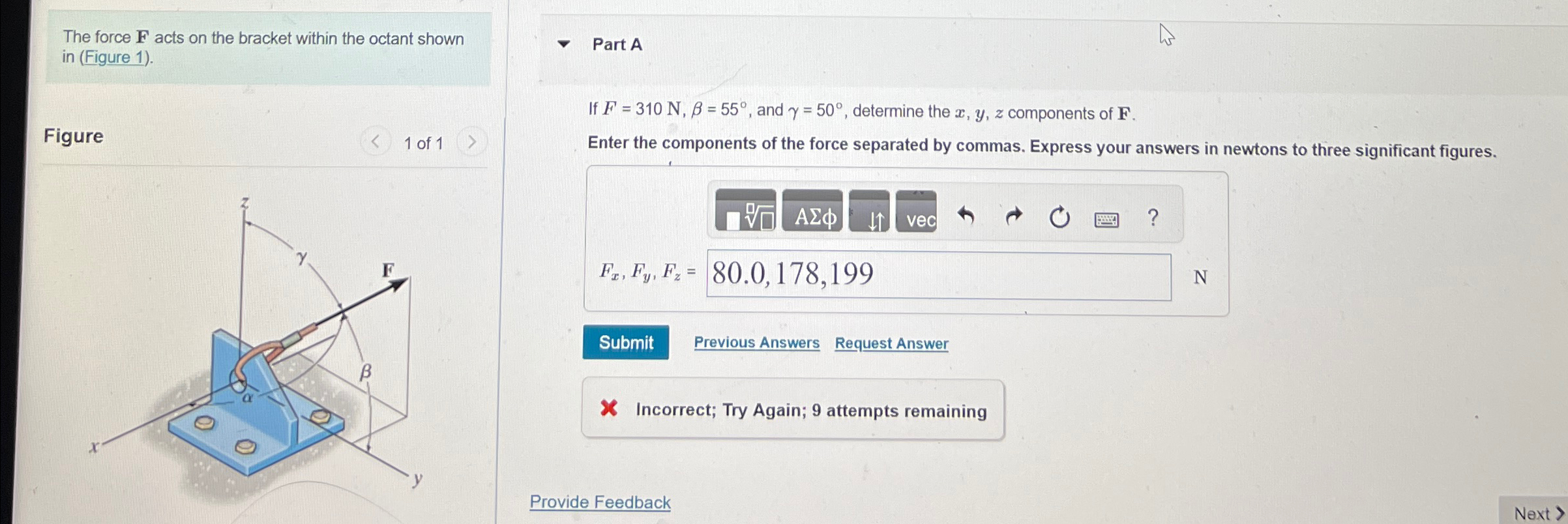 Solved The force F ﻿acts on the bracket within the octant | Chegg.com