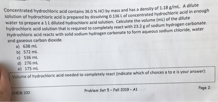 Solved Concentrated hydrochloric acid contains 36.0 % HCl by | Chegg.com