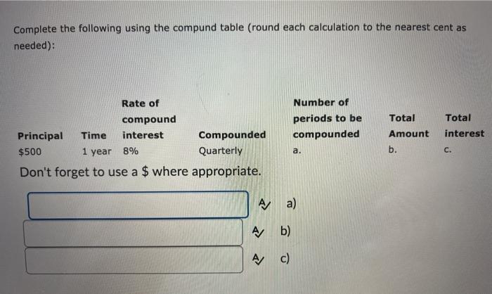 Solved Complete the following using the compund table (round | Chegg.com