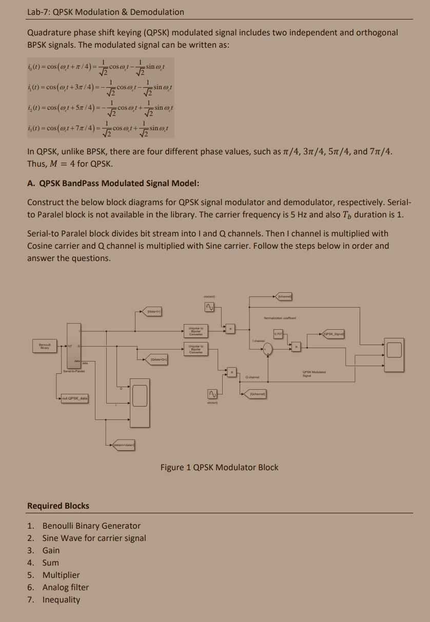 Lab-7: QPSK Modulation & Demodulation Quadrature | Chegg.com